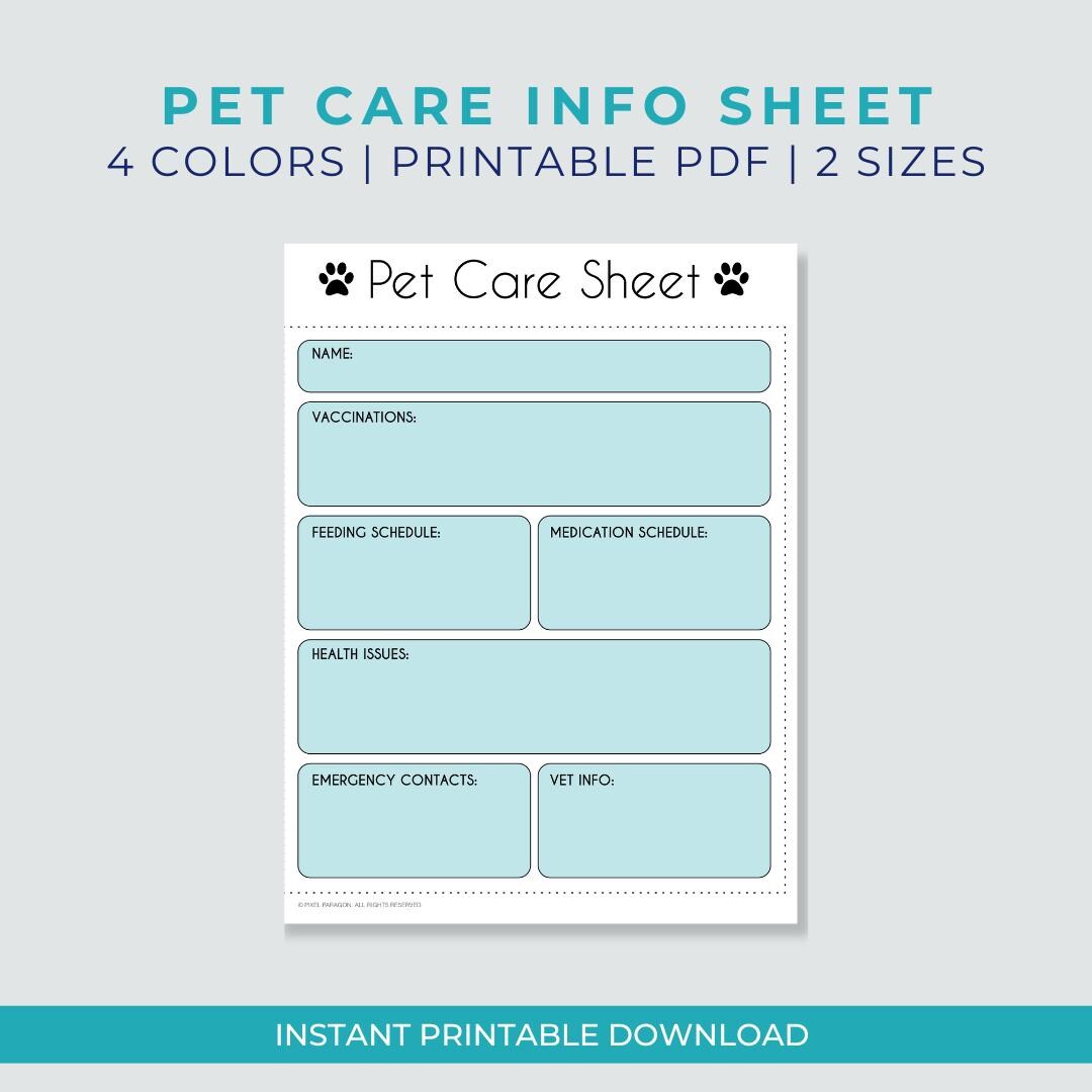 Pet Care Info Sheet | Printable Instant Download | Shopping List ...