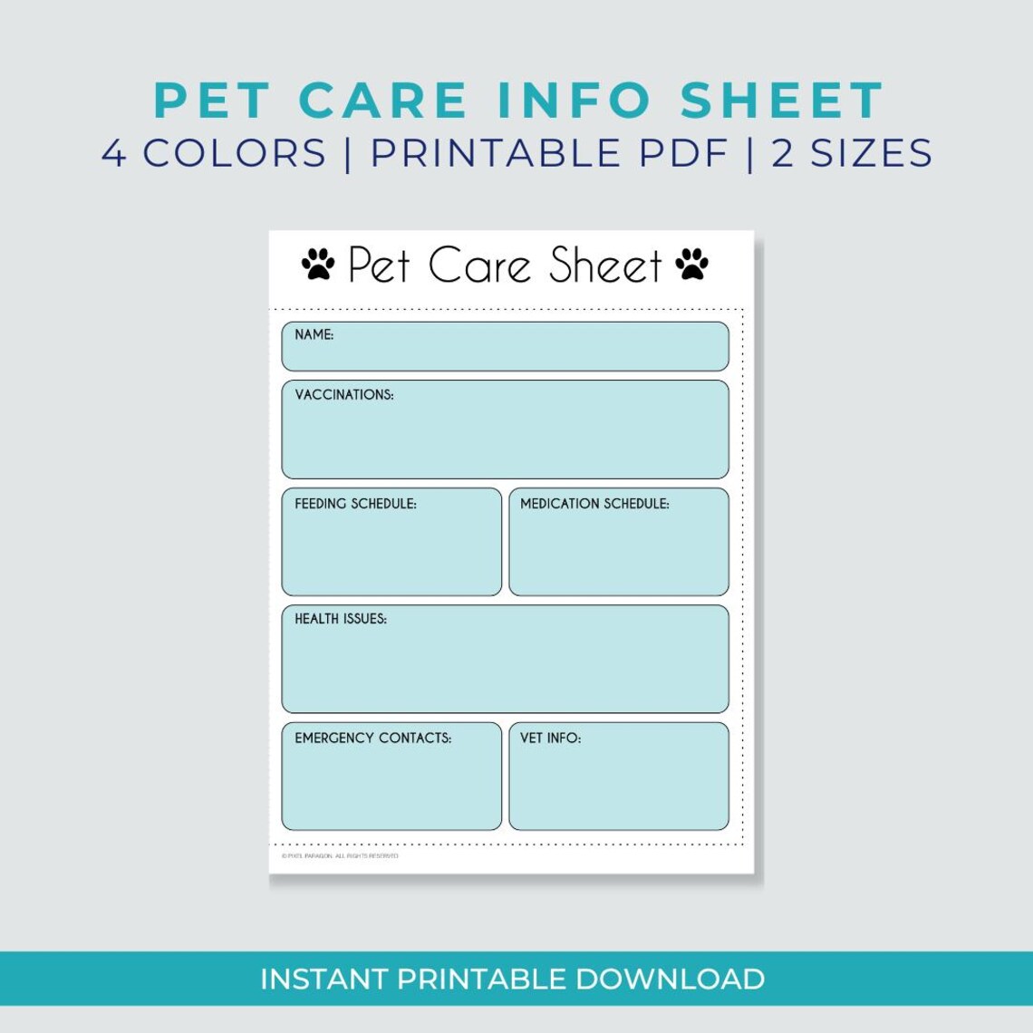 Pet Care Info Sheet Printable Instant Download Shopping List Letter A4 ...