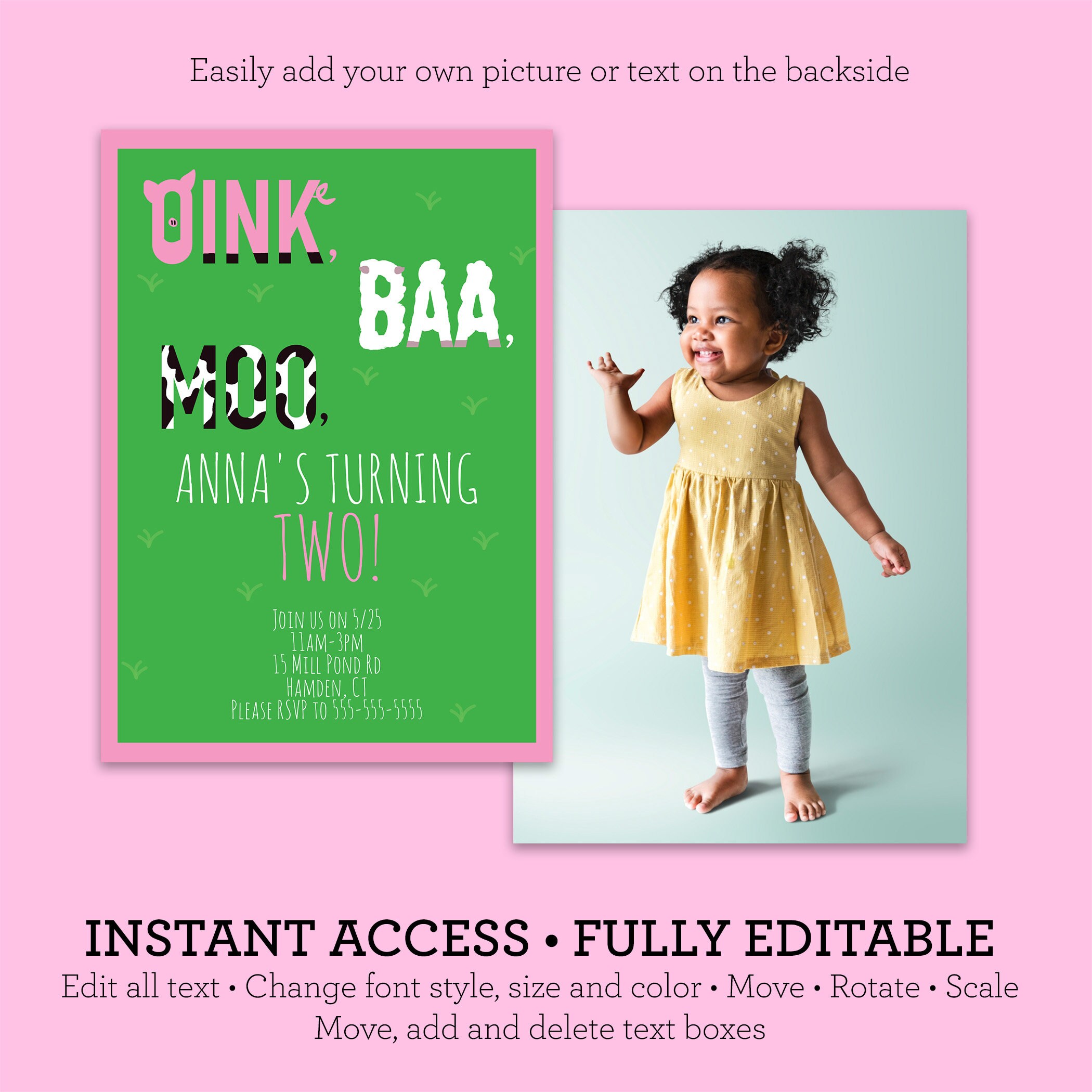 Farm Animal Birthday Invitation: Oink Baa Moo, Turning Two (editable ...