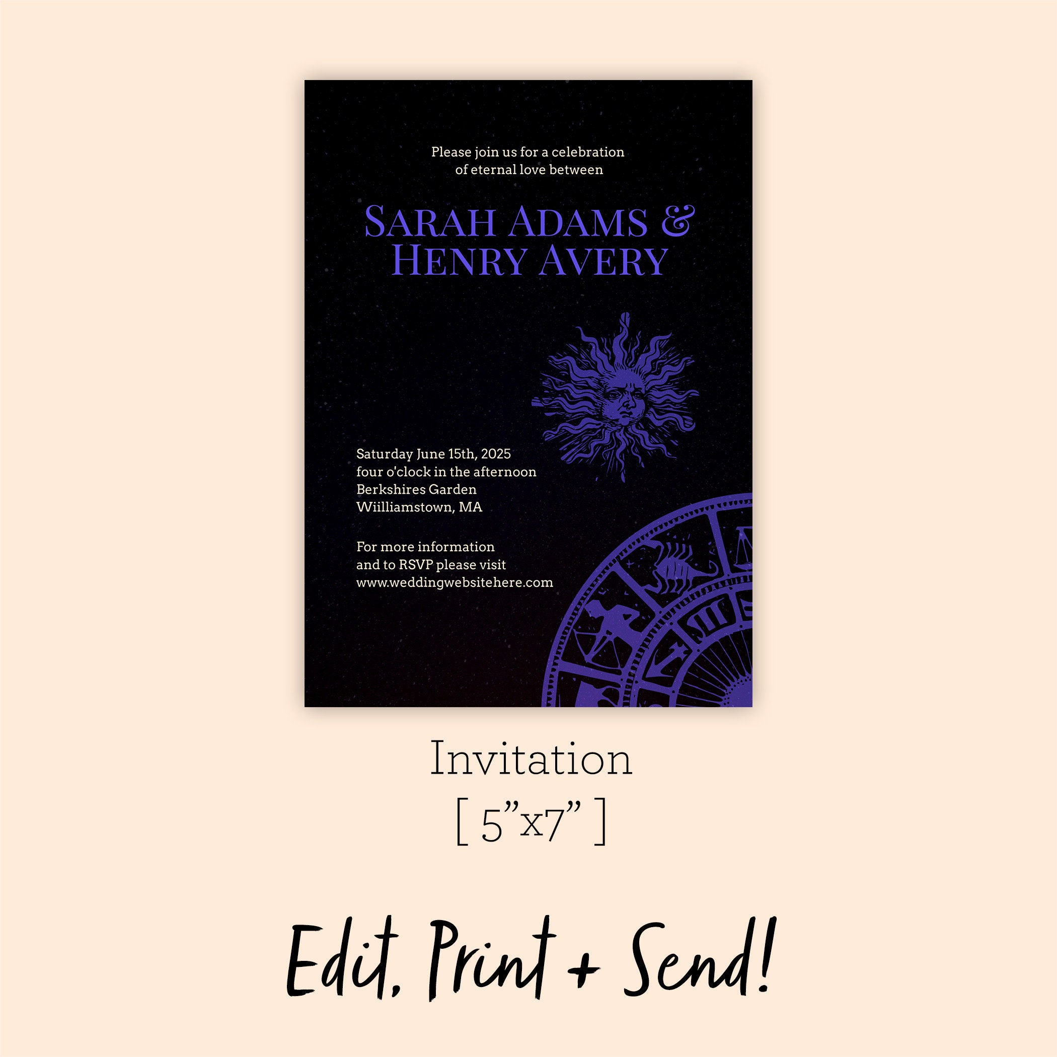Galaxy Stars and Sun Astrological Chart Editable Wedding Invitation ...