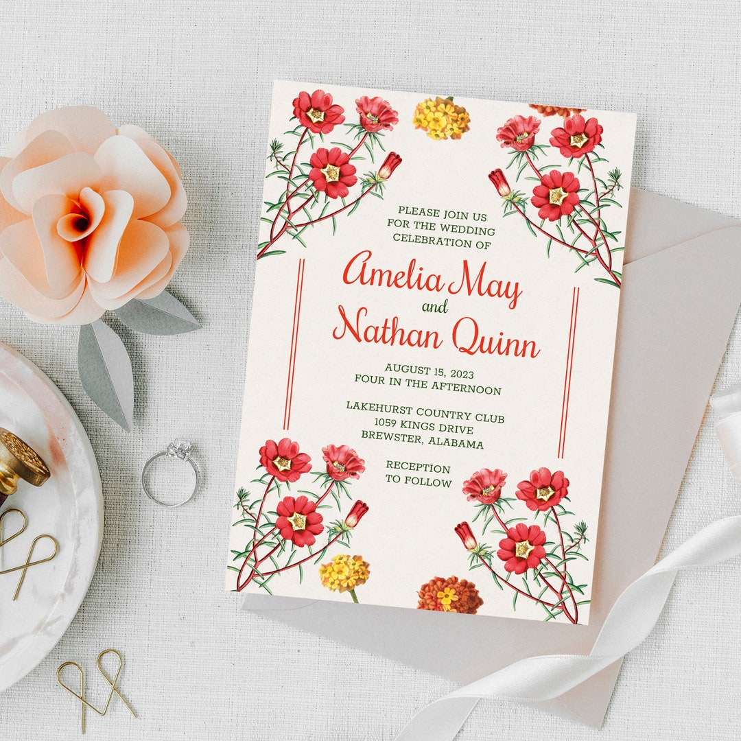 Cottagecore Vintage Botanical Wedding Invitation Template, Editable ...