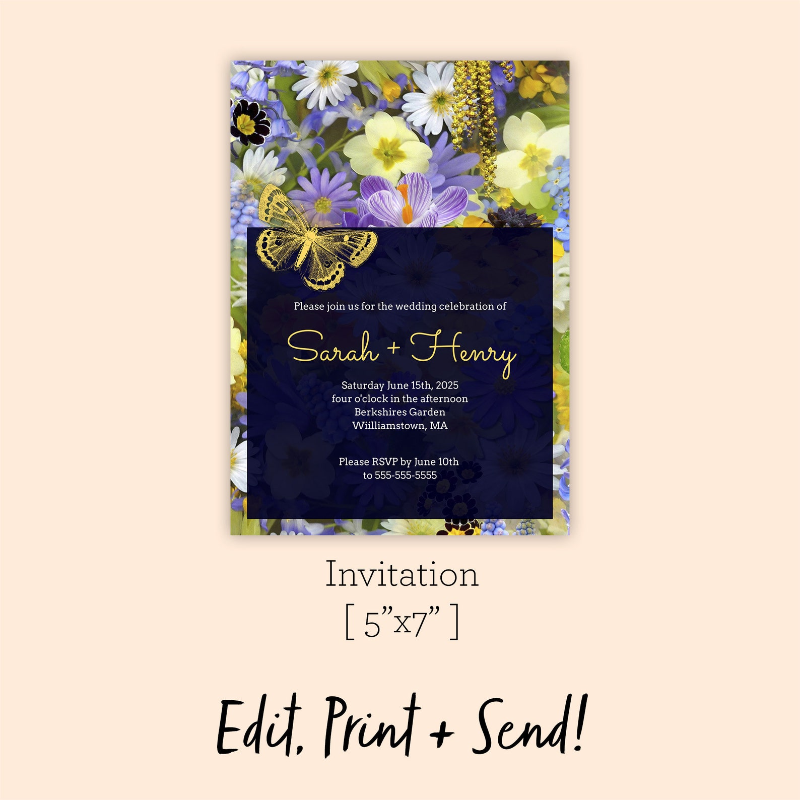 Spring Flowers Wedding Invitation With Butterfly Editable Instant ...