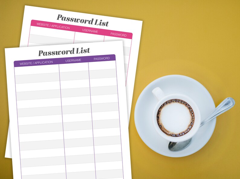 Password List Printable Instant Download Letter A4 Size - Etsy
