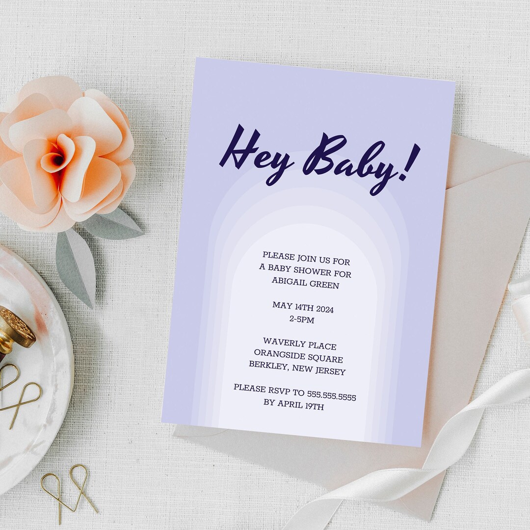 Editable Hey Baby Retro Baby Shower Invitation 70s Ombre Purple Instant ...