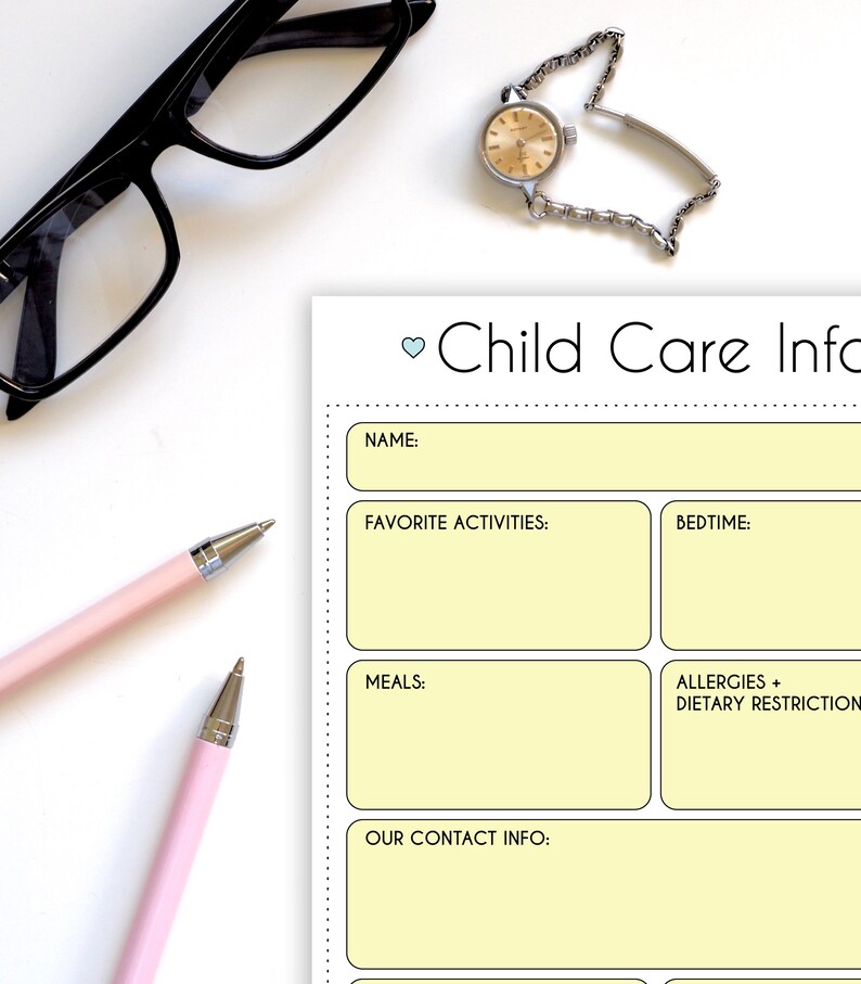 Child Care Info Sheet Printable Instant Download Shopping List Letter ...