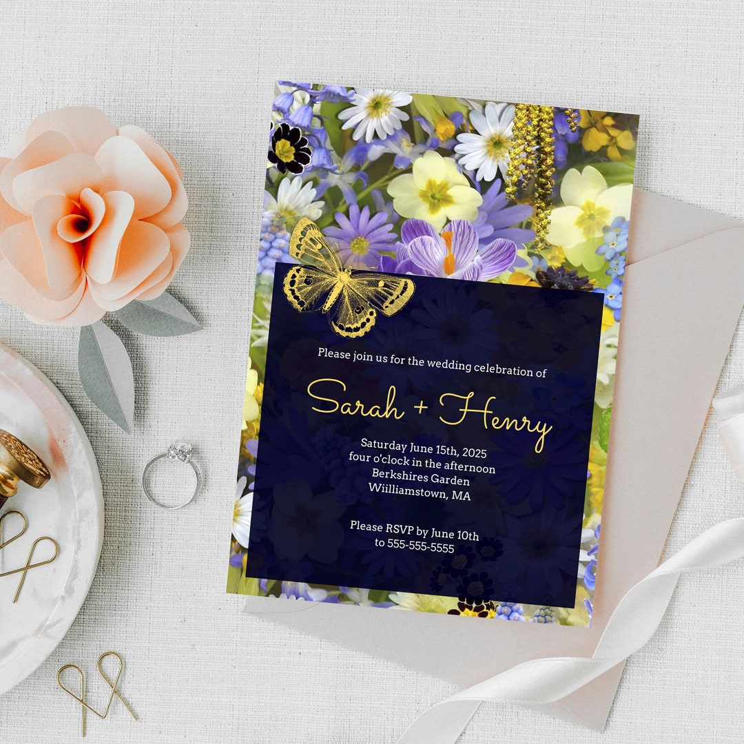 Spring Flowers Wedding Invitation With Butterfly Editable Instant ...