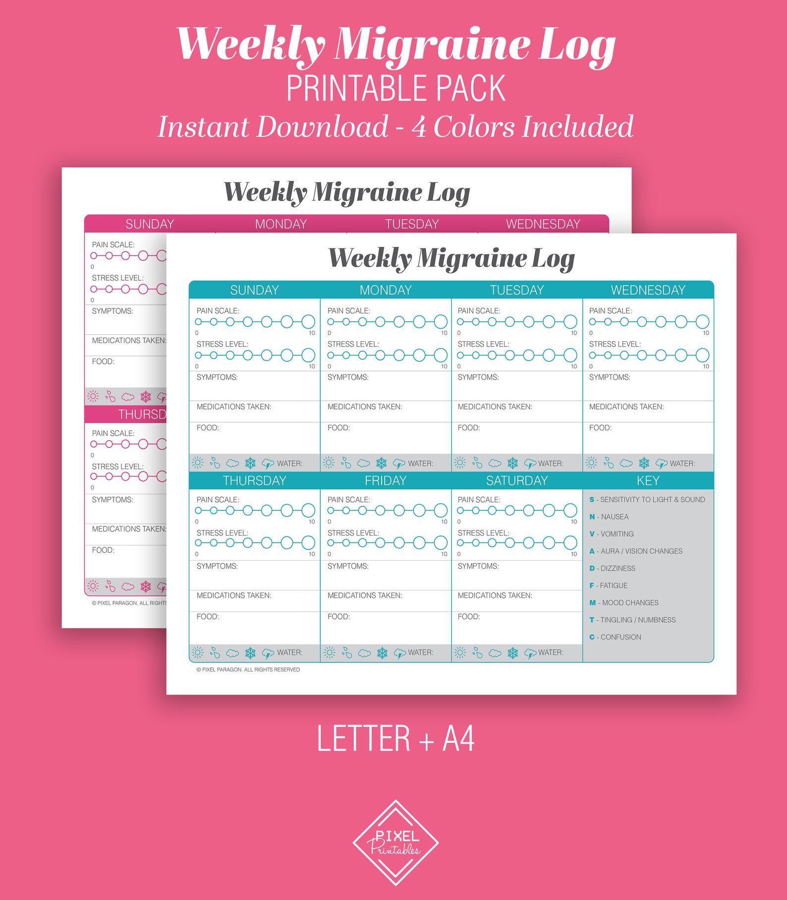 Weekly Migraine Log Printable Instant Download Letter A4 Size Weather ...