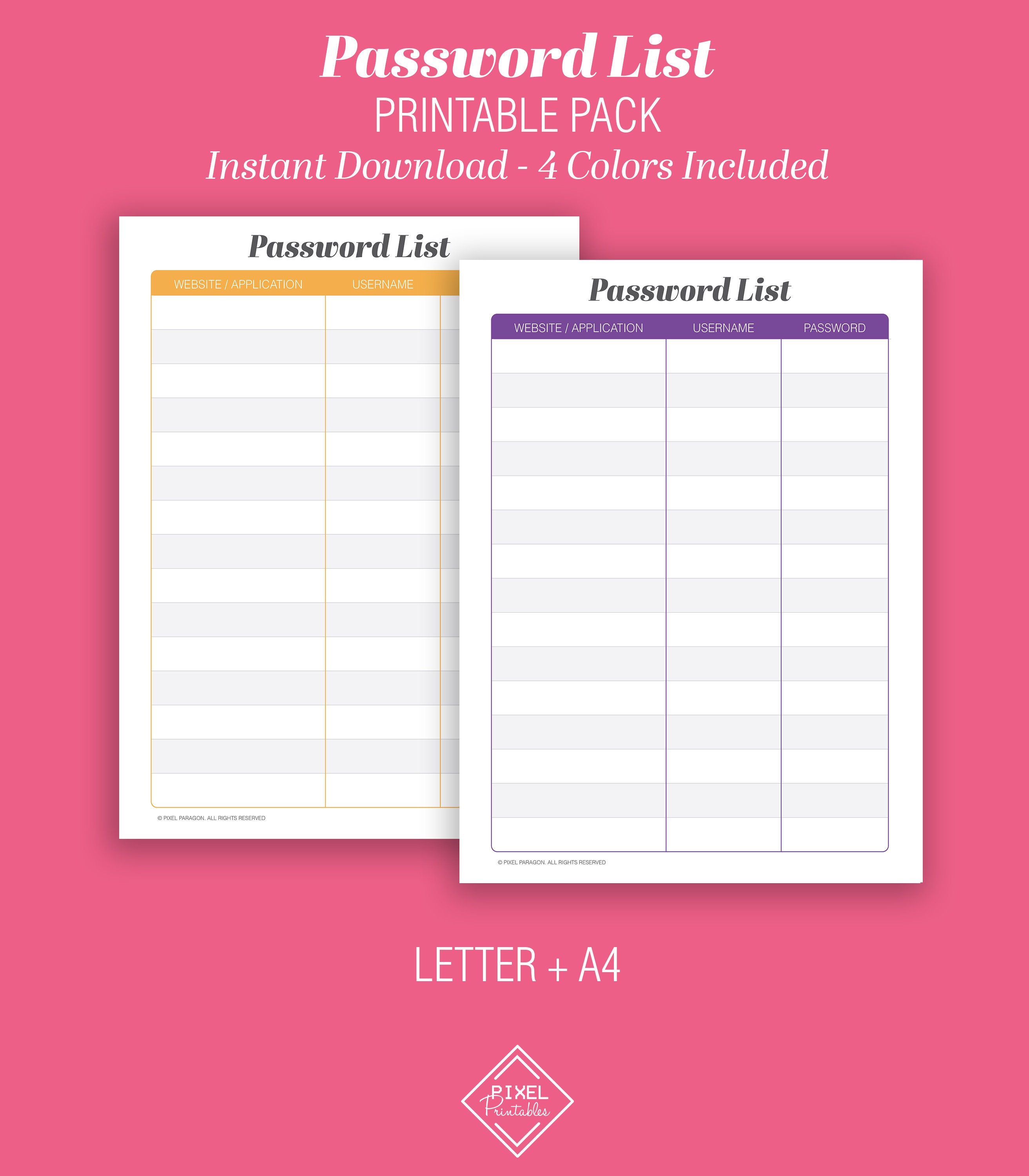Password List Printable Instant Download Letter A4 Size - Etsy