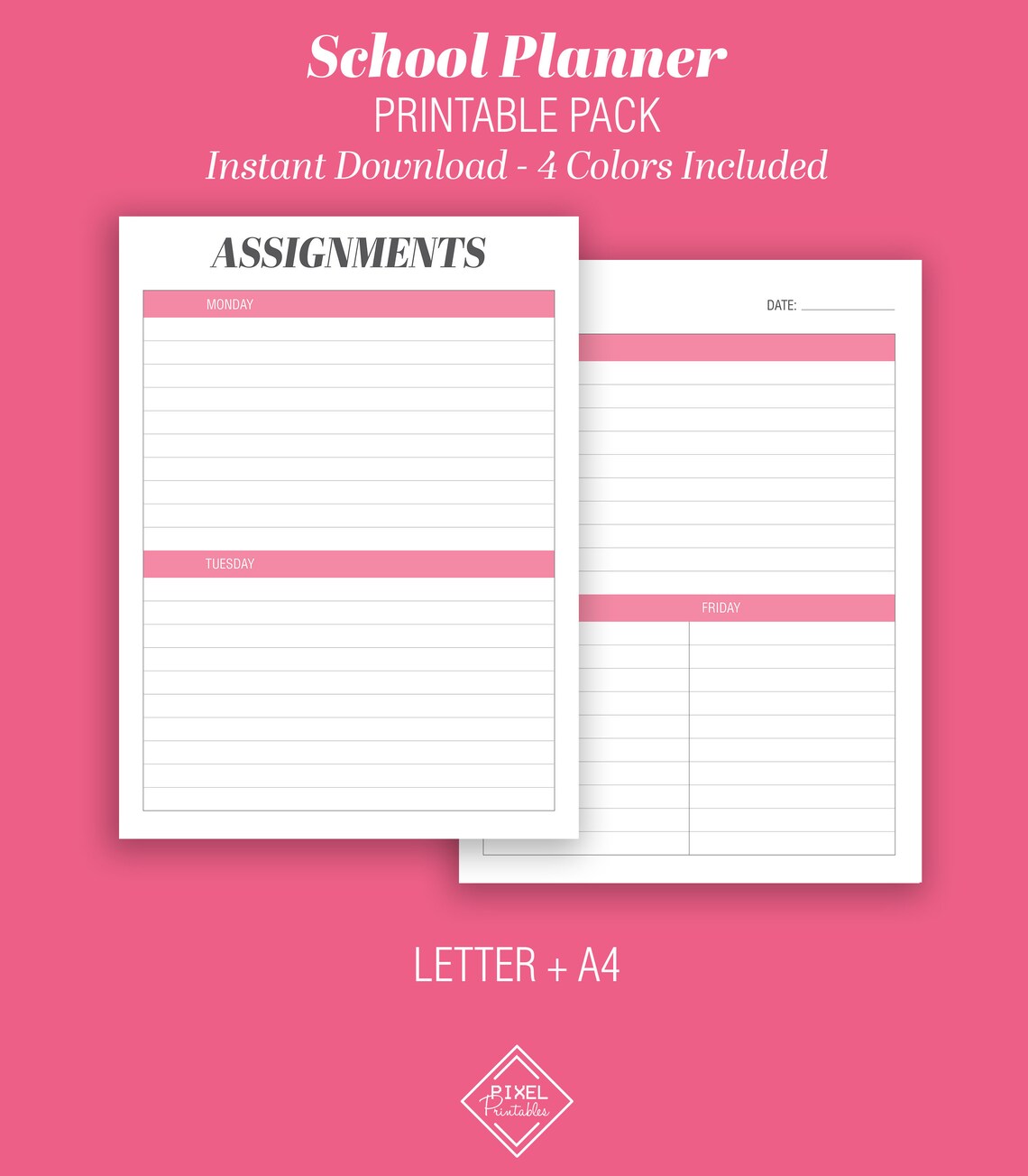 Weekly School Planner Printable Instant Download Letter A4 Size ...