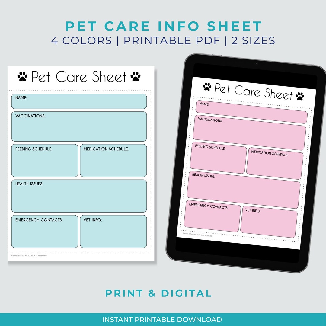 Pet Care Info Sheet | Printable Instant Download | Letter A4 Size | Pet ...