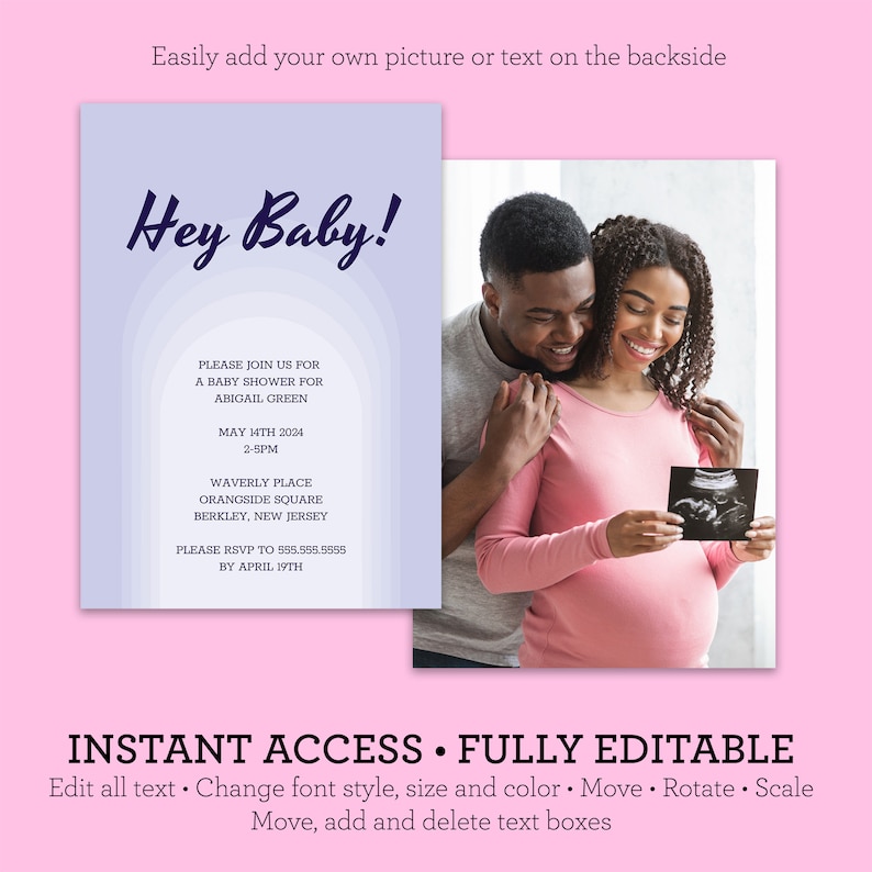 Editable Hey Baby Retro Baby Shower Invitation 70s Ombre Purple Instant ...