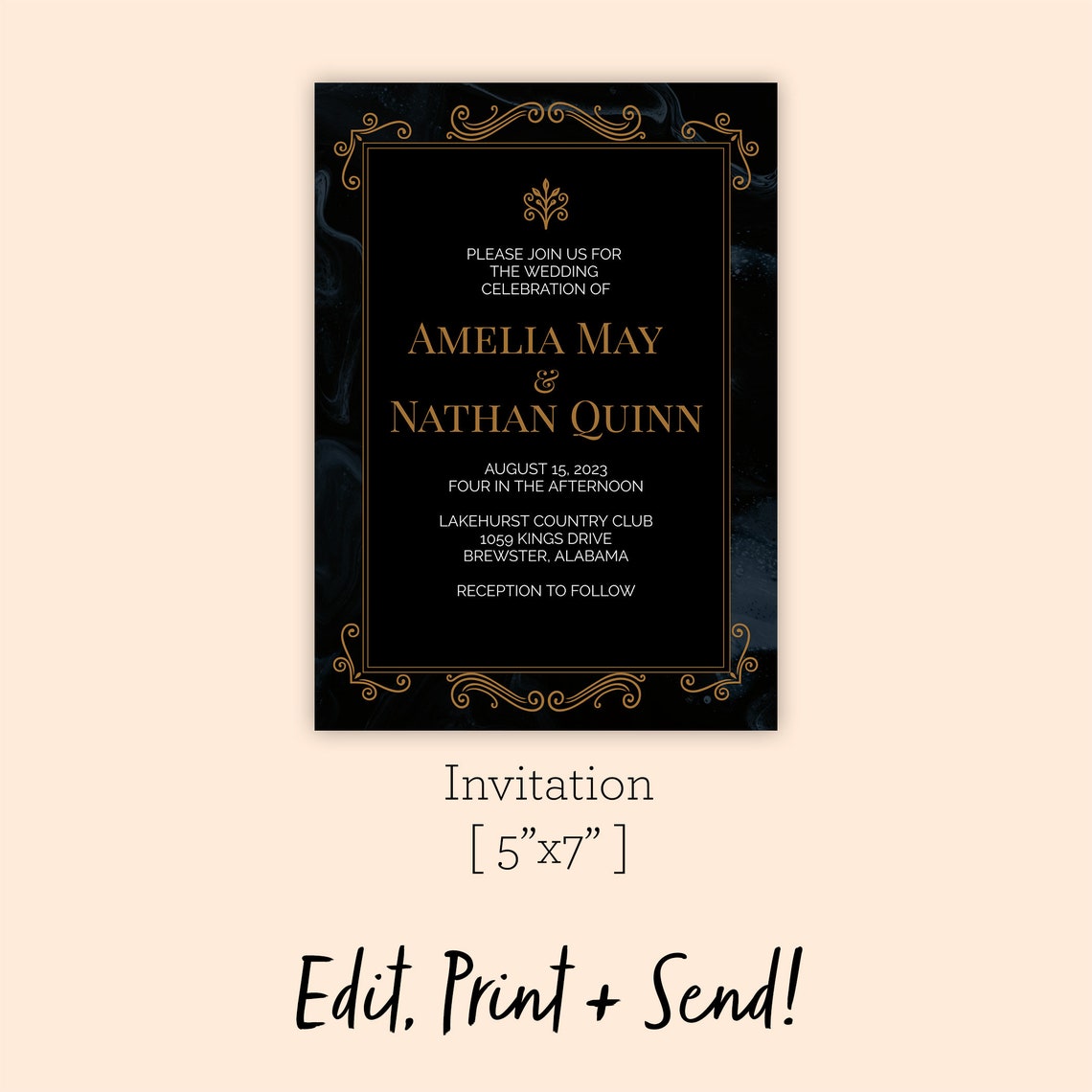 Dark Gothic Deco Invitation Template, Editable Invitation for Wedding ...