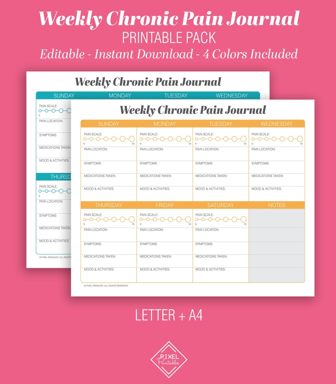 Weekly Chronic Pain Journal Printable Instant Download Letter A4 Size ...