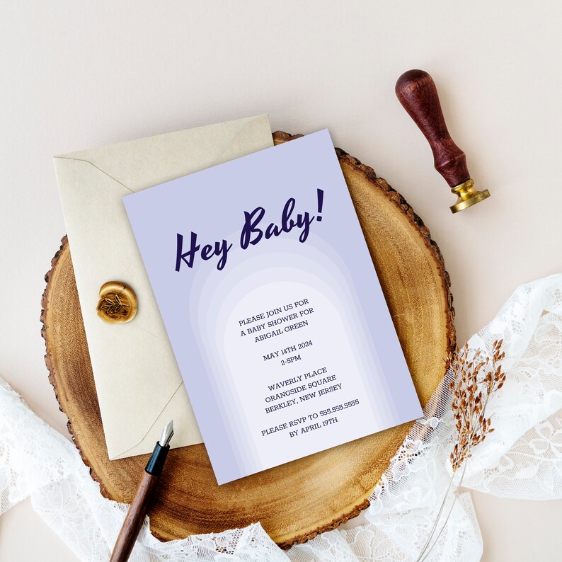 Editable Hey Baby Retro Baby Shower Invitation 70s Ombre Purple Instant ...
