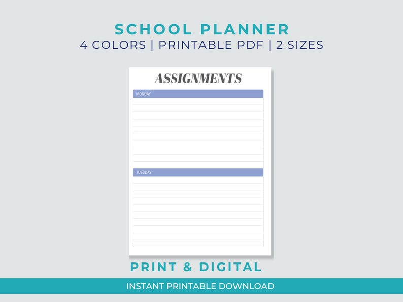 Weekly School Planner | Printable and Digital Planner | Assignment ...