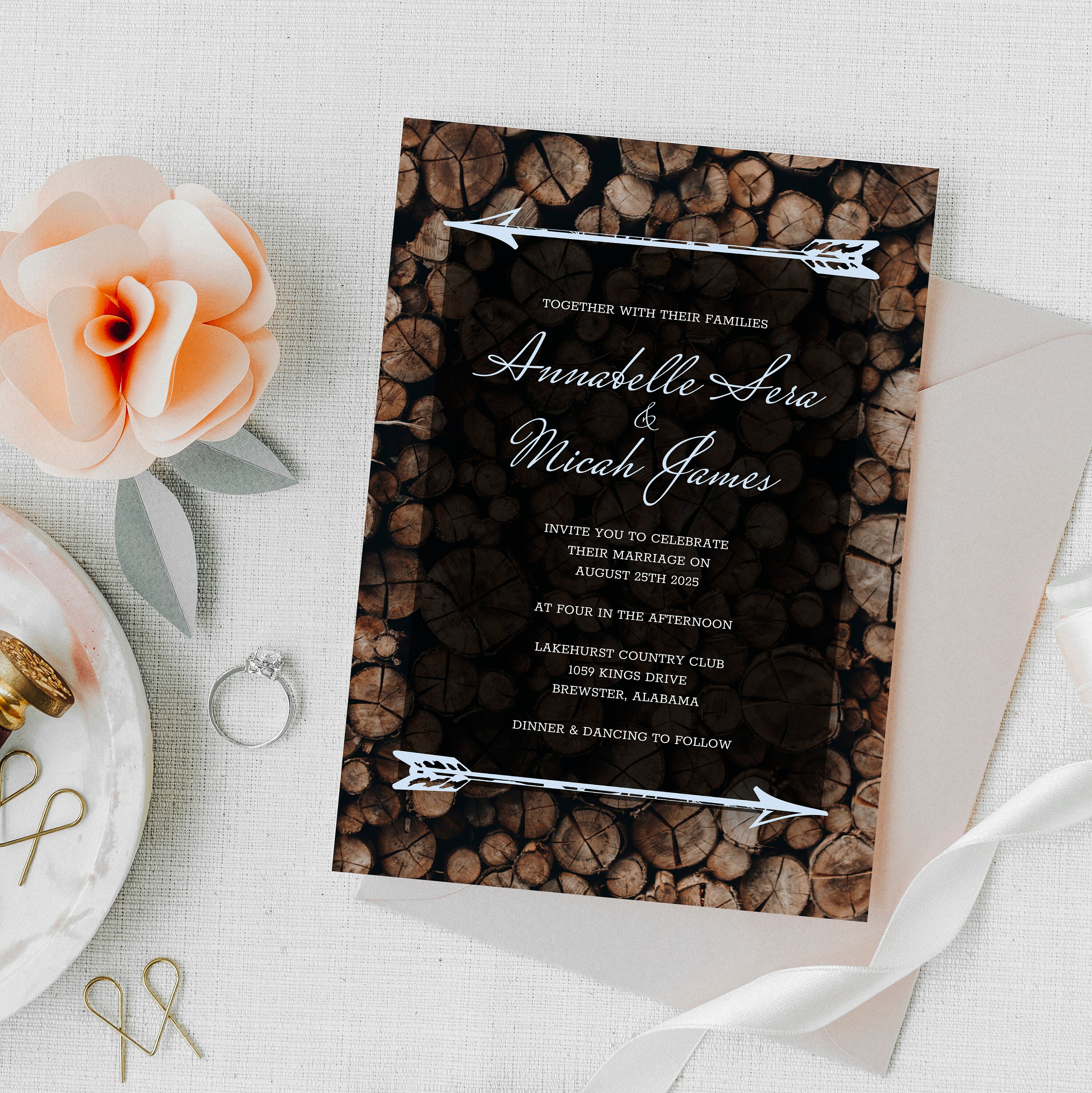 Rustic Wooden Arrows Wedding Invitation or Engagement Announcement ...