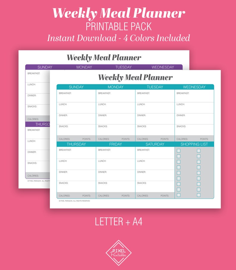 Weekly Meal Planner Printable Instant Download Shopping List Letter A4 ...