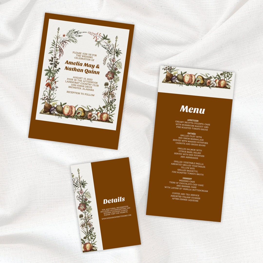 Cottagecore Editable Vintage Botanical Arch 3 Piece Wedding Invitation ...