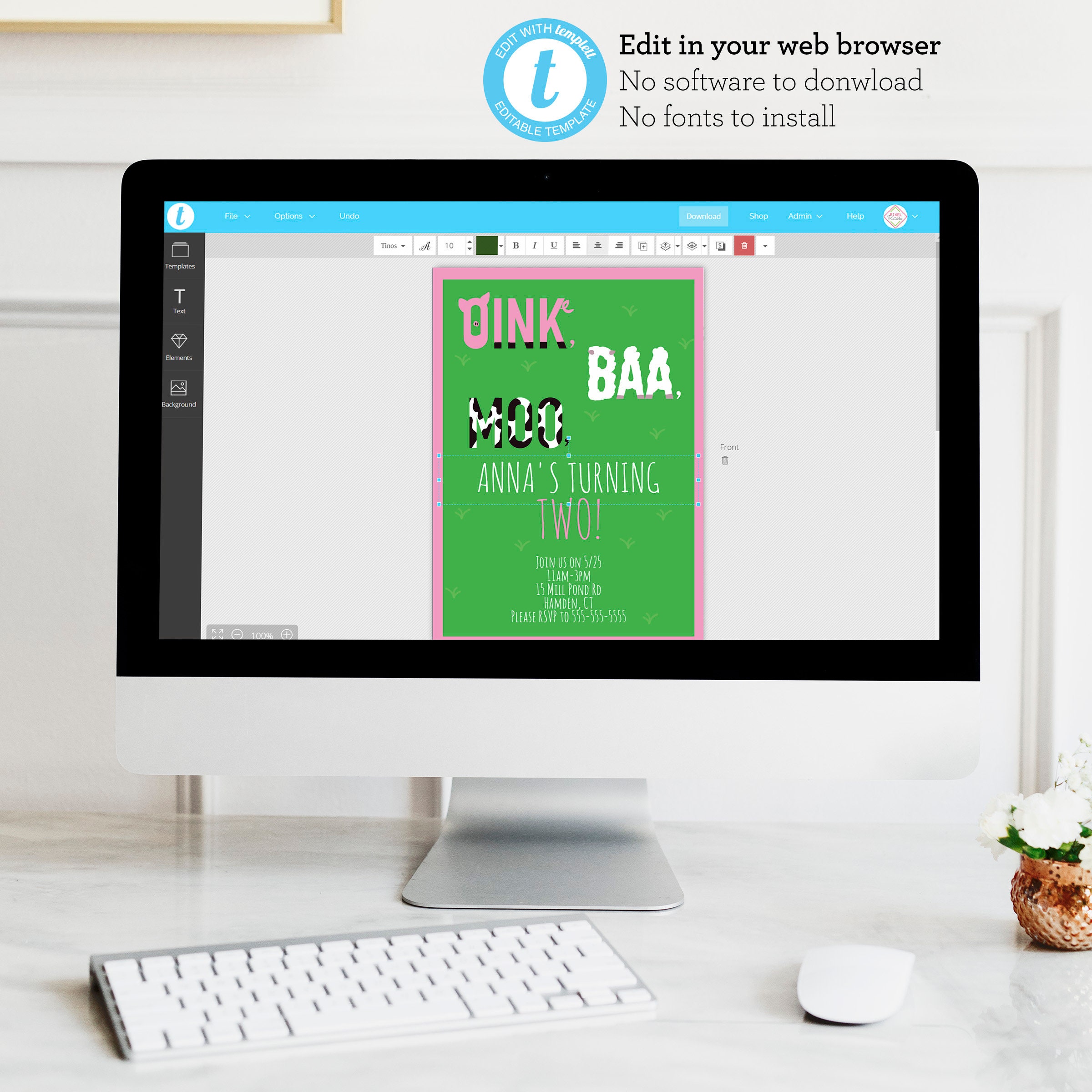 Farm Animal Birthday Invitation: Oink Baa Moo, Turning Two (editable ...