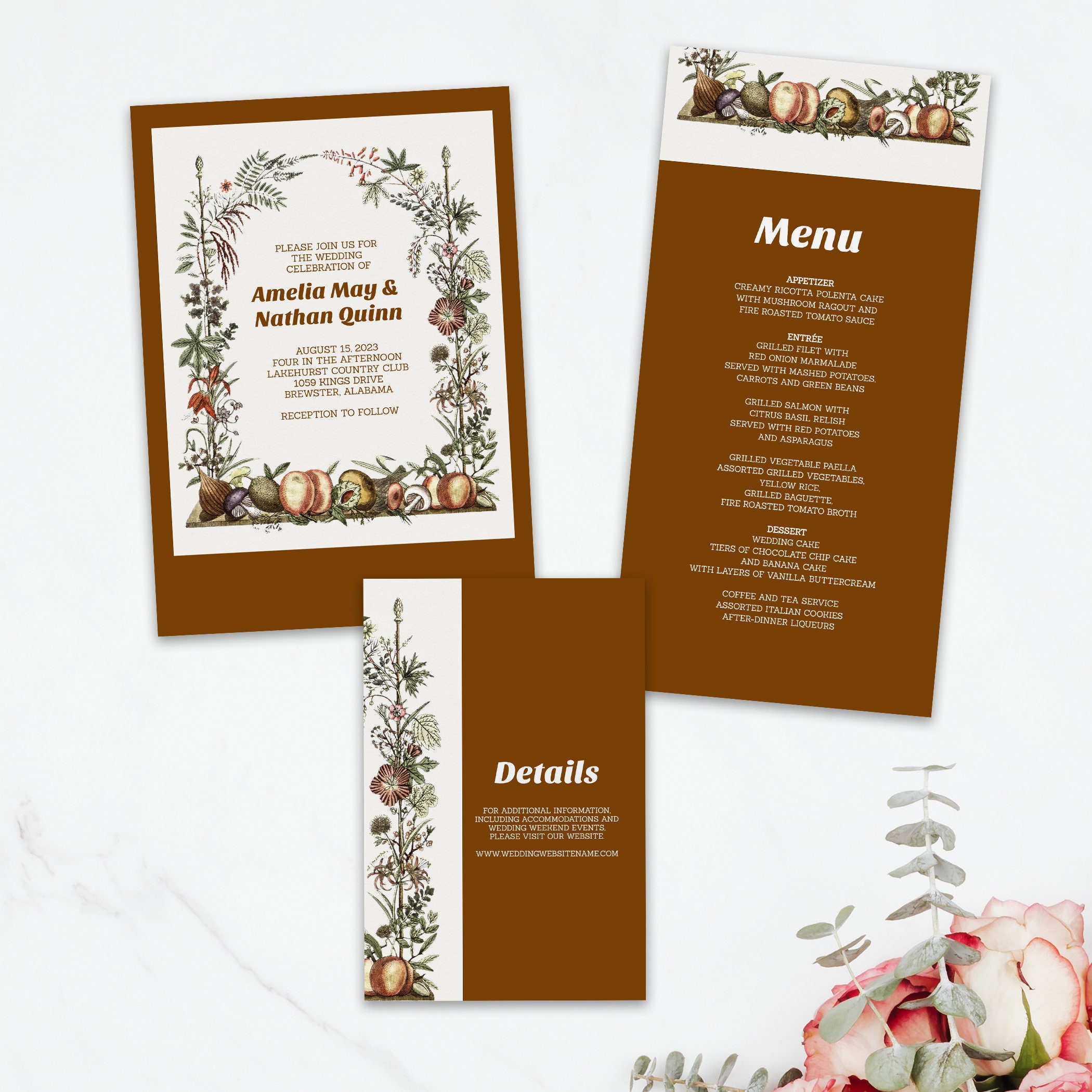 Cottagecore Editable Vintage Botanical Arch 3 Piece Wedding Invitation ...