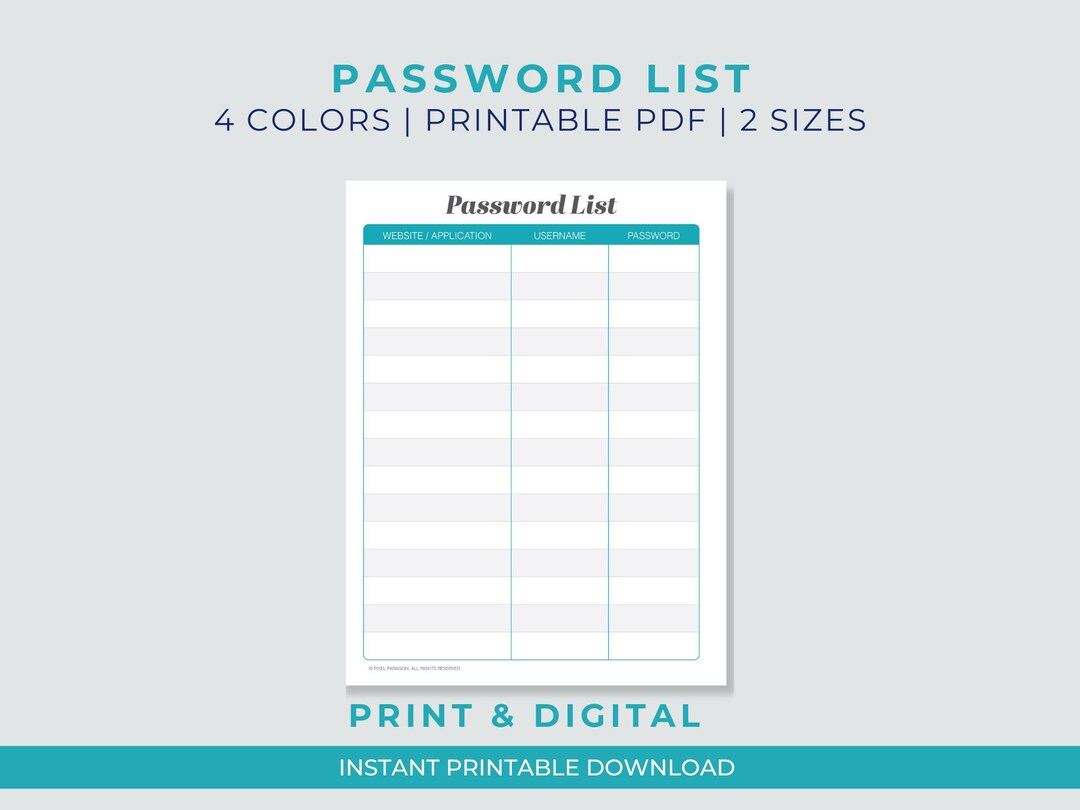 Digital Password List | Printable Instant Download | Letter A4 Size ...