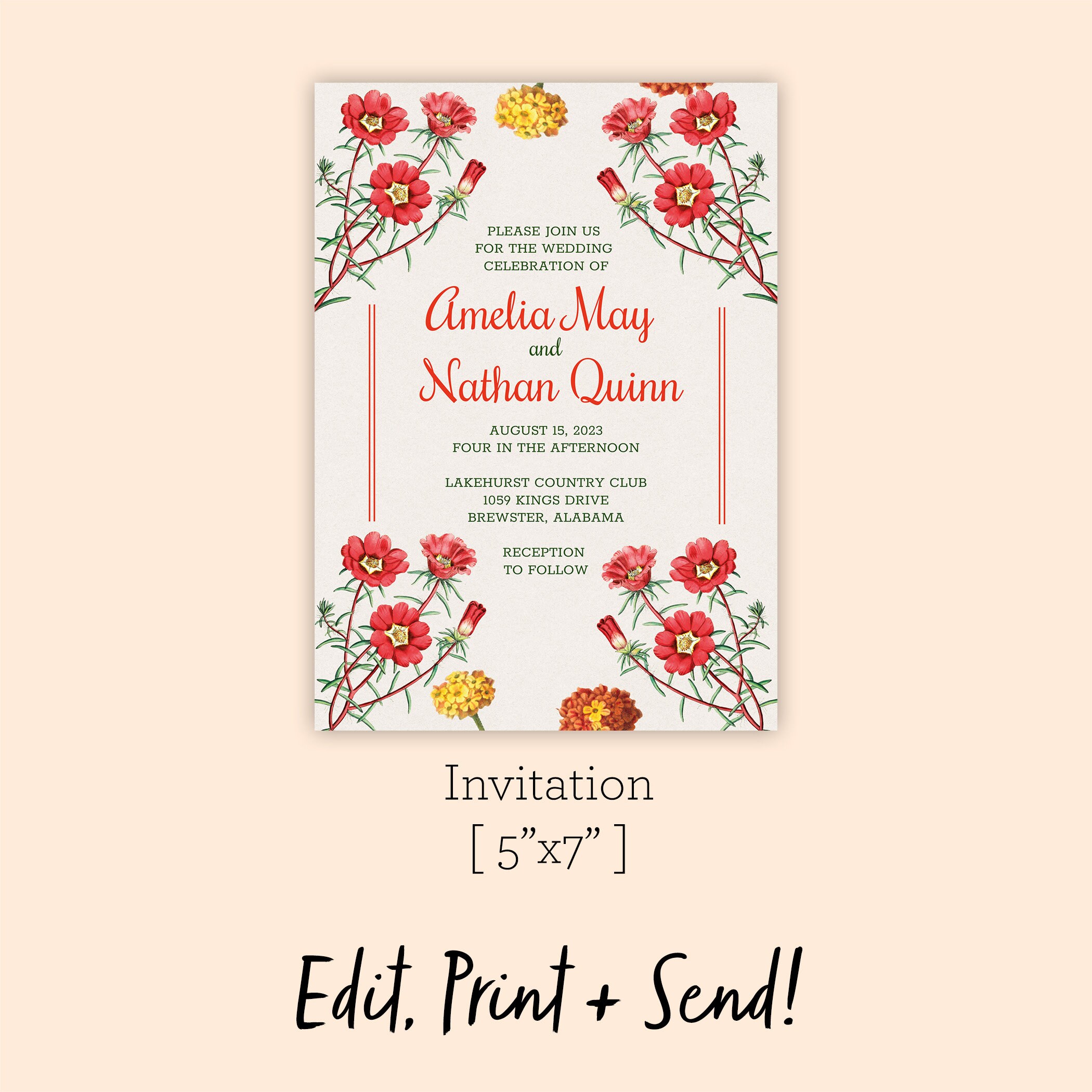 Cottagecore Vintage Botanical Wedding Invitation Template, Editable ...
