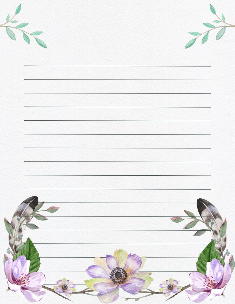 Watercolor Flowers & Feathers Printable Lined Stationery Notebook Paper ...