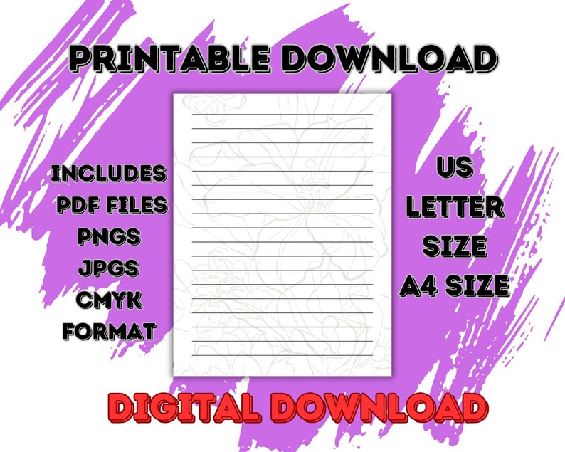 Floral Lilys Printable Lined Stationery Notebook Paper-refills-writing ...