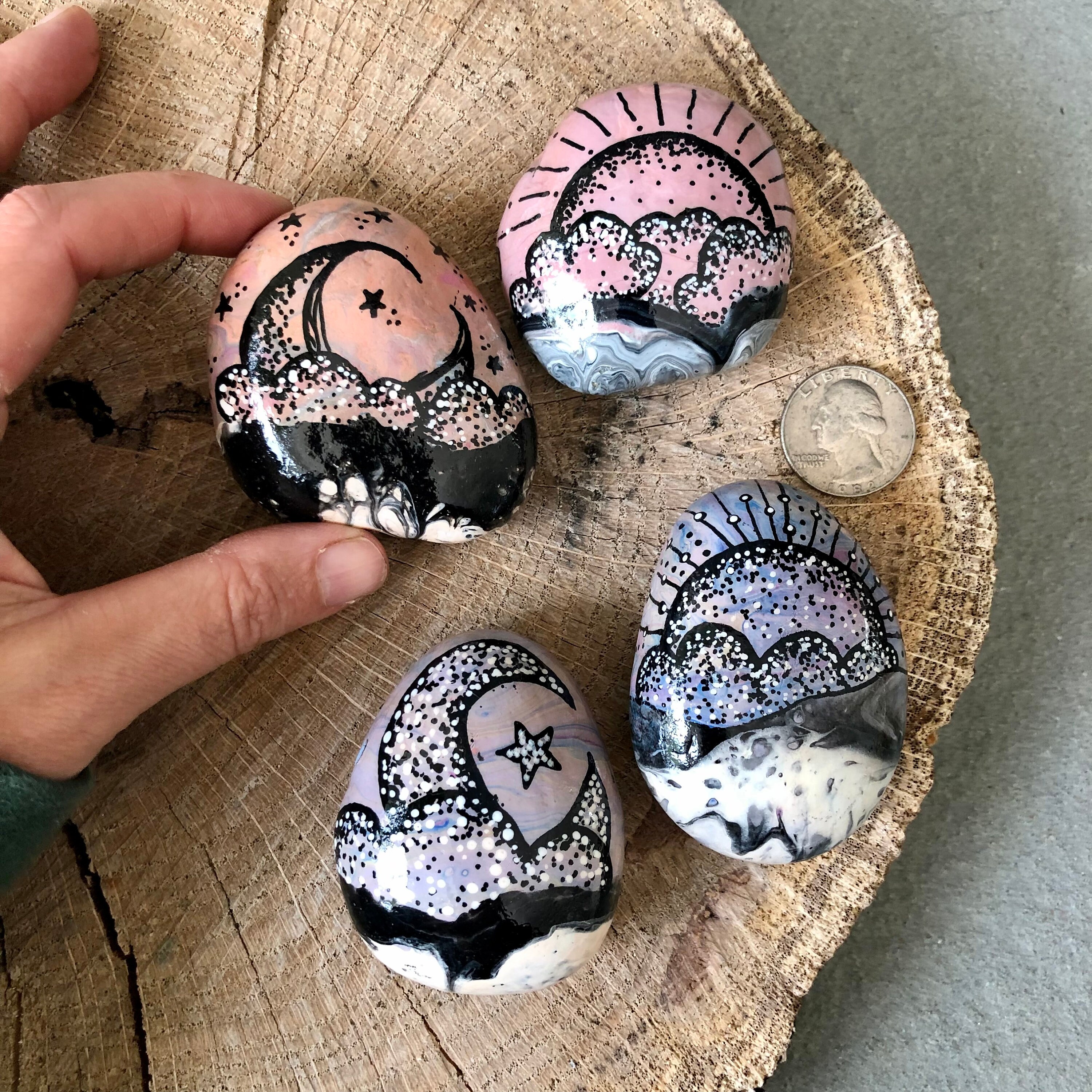 Hand Painted Rocks. Sun & Moon Original Rock Art. Display on Coffee ...