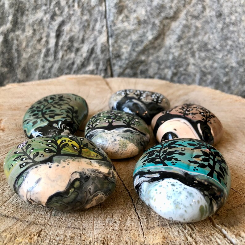 Hand Painted Rocks, Nature Inspired Paint Pour Rocks With Flowers ...