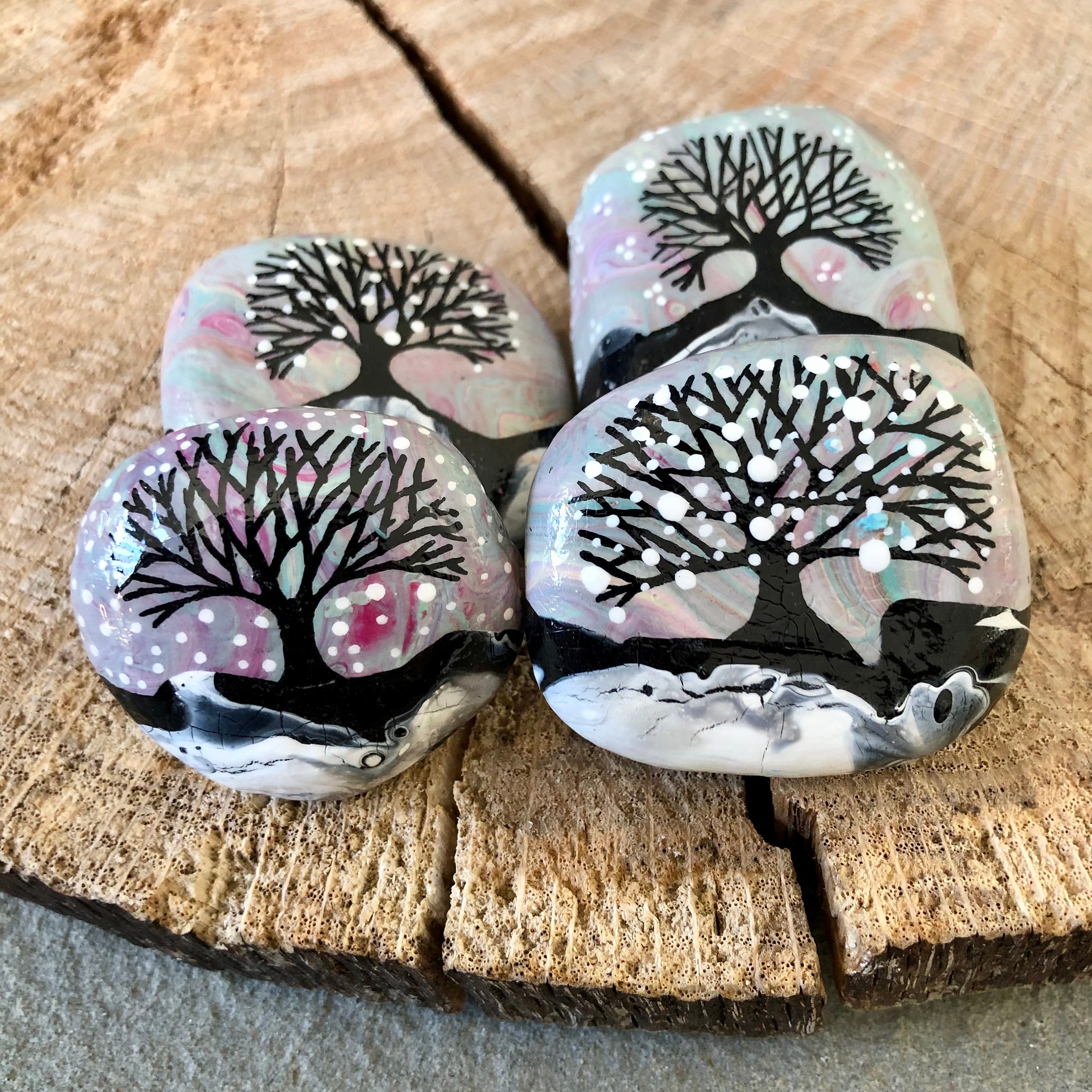 Painted Rocks, Tree Painted Rocks, Paint Pour Rocks, Nature Inspired ...
