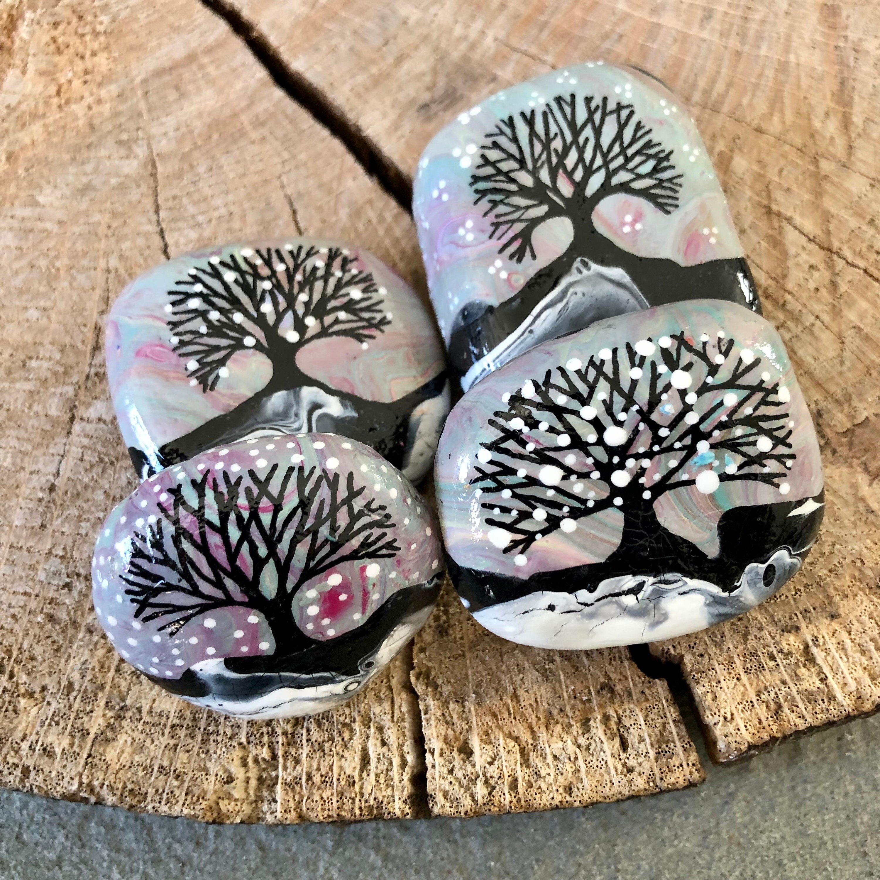 Painted Rocks, Tree Painted Rocks, Paint Pour Rocks, Nature Inspired ...