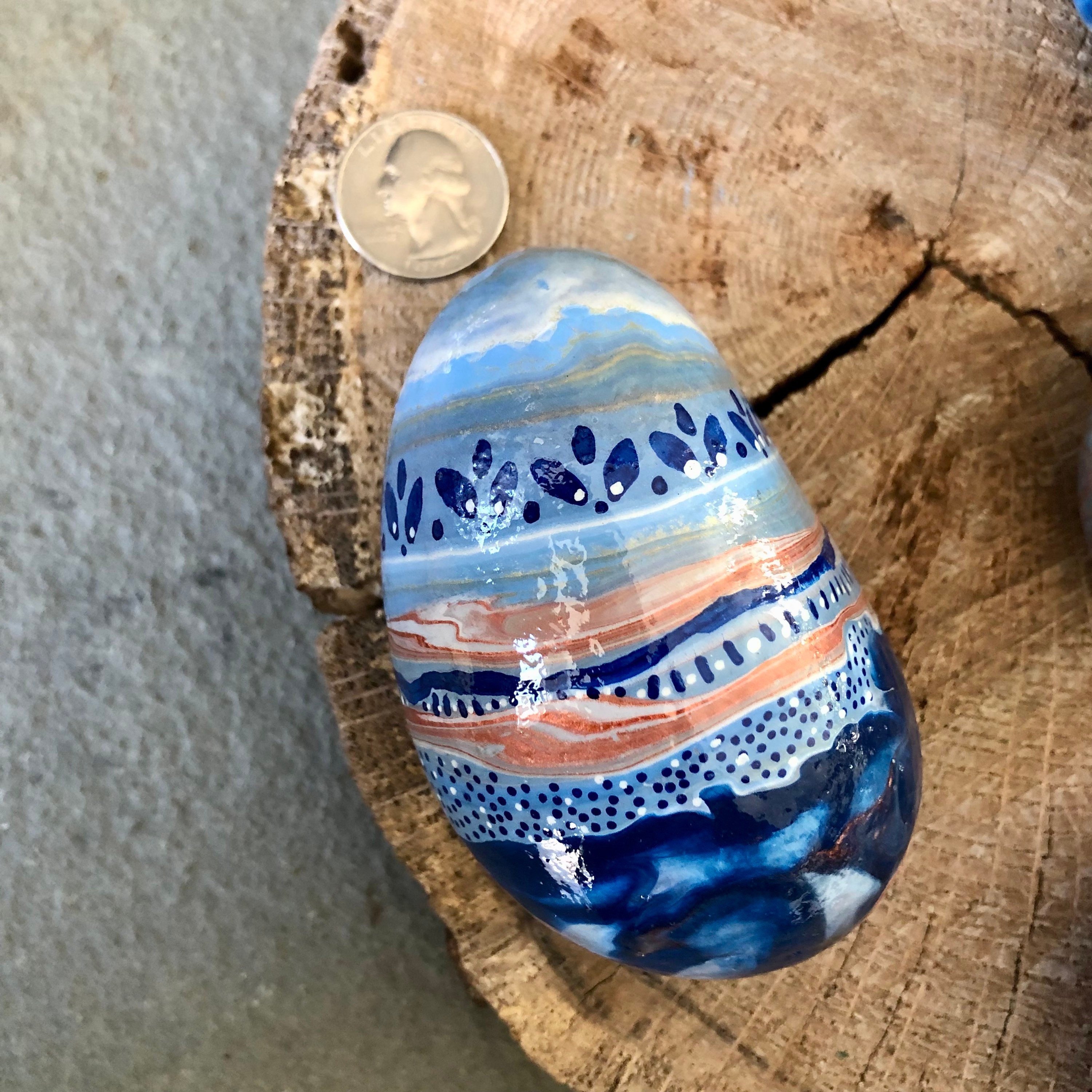 Painted Rocks, Blue Paint Pour Art Rocks, Nature Inspired Painted ...