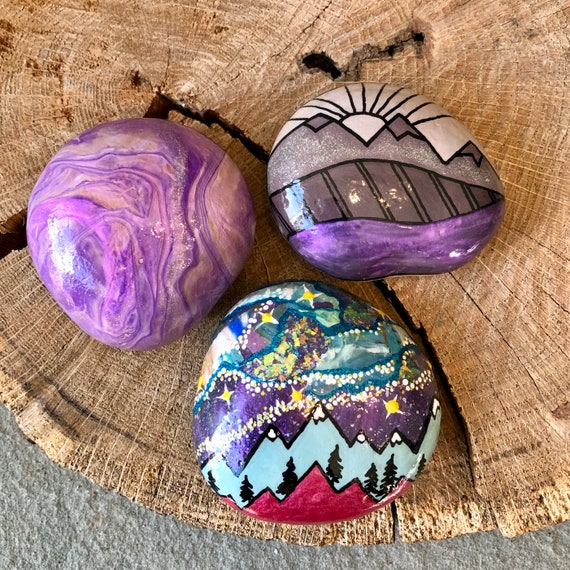 Hand Painted Rocks Purple Mountains & Abstract Paint Pour for | Etsy