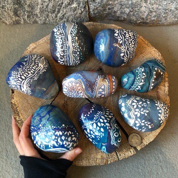 Large Painted Rocks. Nature Inspired Art Original Blue Art - Etsy