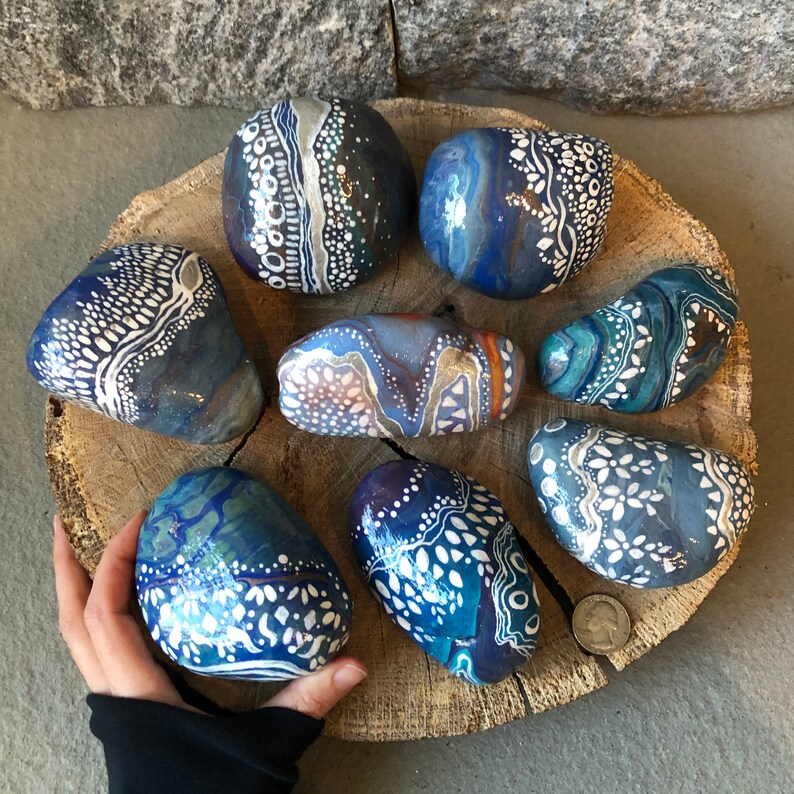 Large Painted Rocks. Nature Inspired Art, Original Blue Art Decoration ...