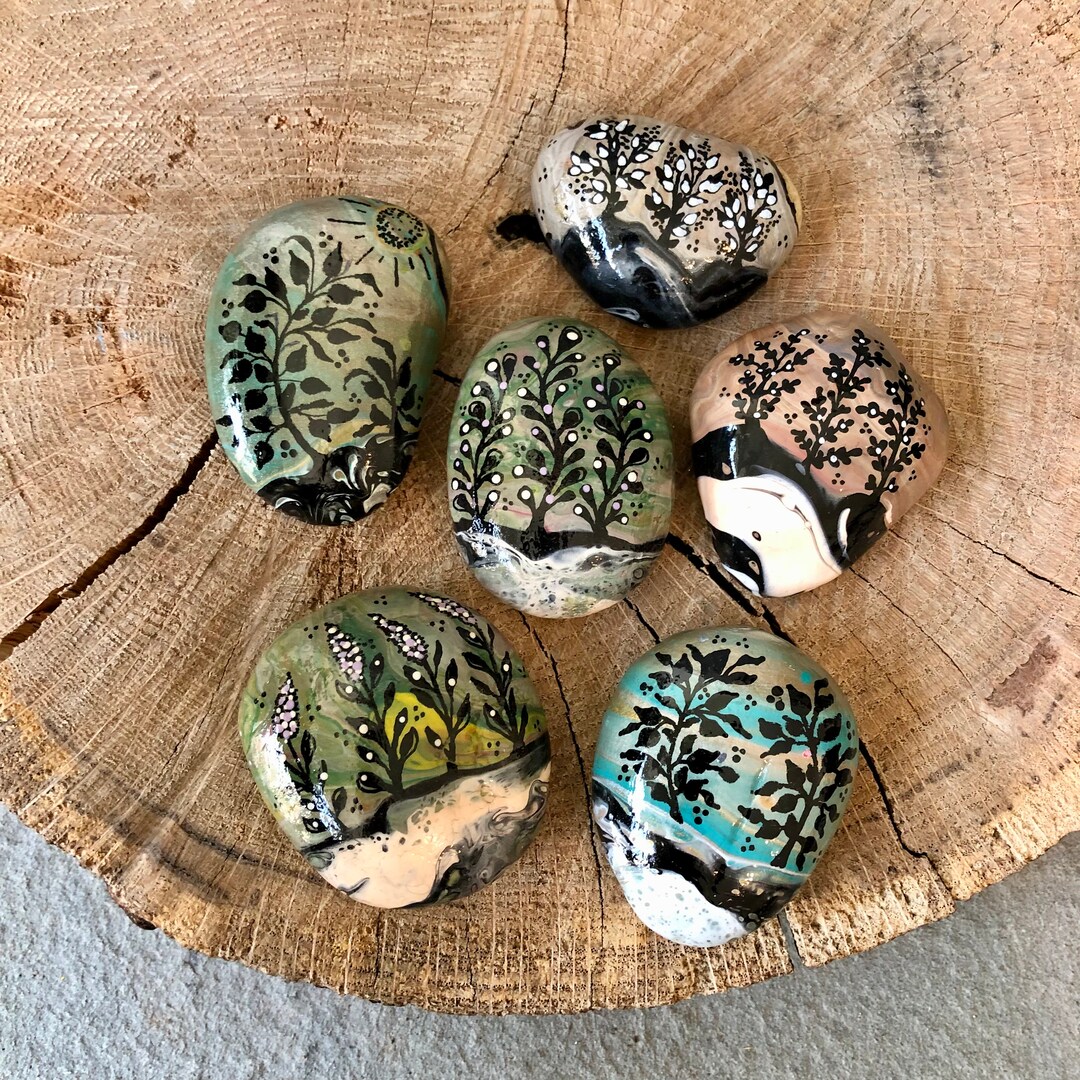 Hand Painted Rocks, Nature Inspired Paint Pour Rocks With Flowers ...