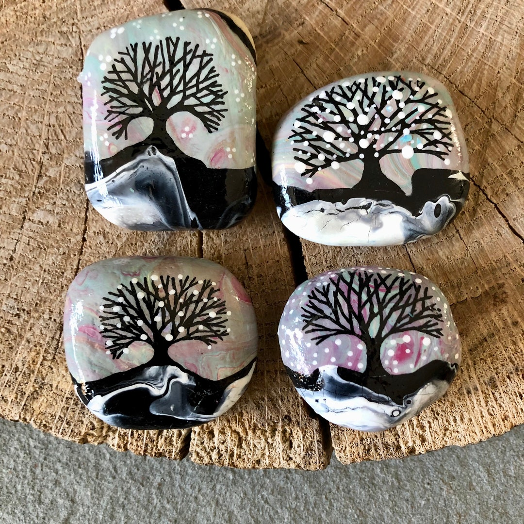 Painted Rocks, Tree Painted Rocks, Paint Pour Rocks, Nature Inspired ...