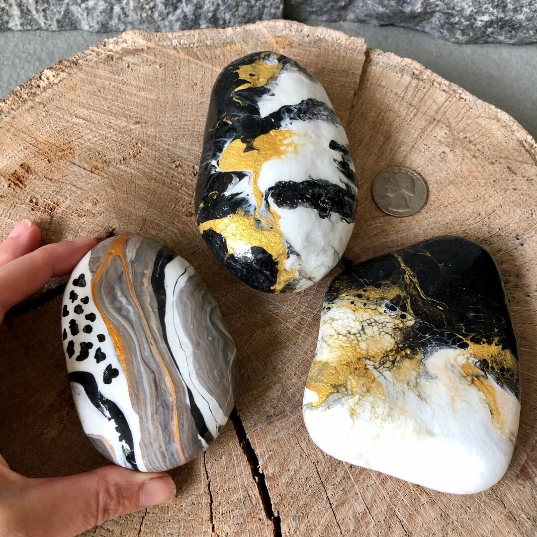 Painted Rocks. Paint Pour Rock Art, Modern, Abstract Paintings for Home ...