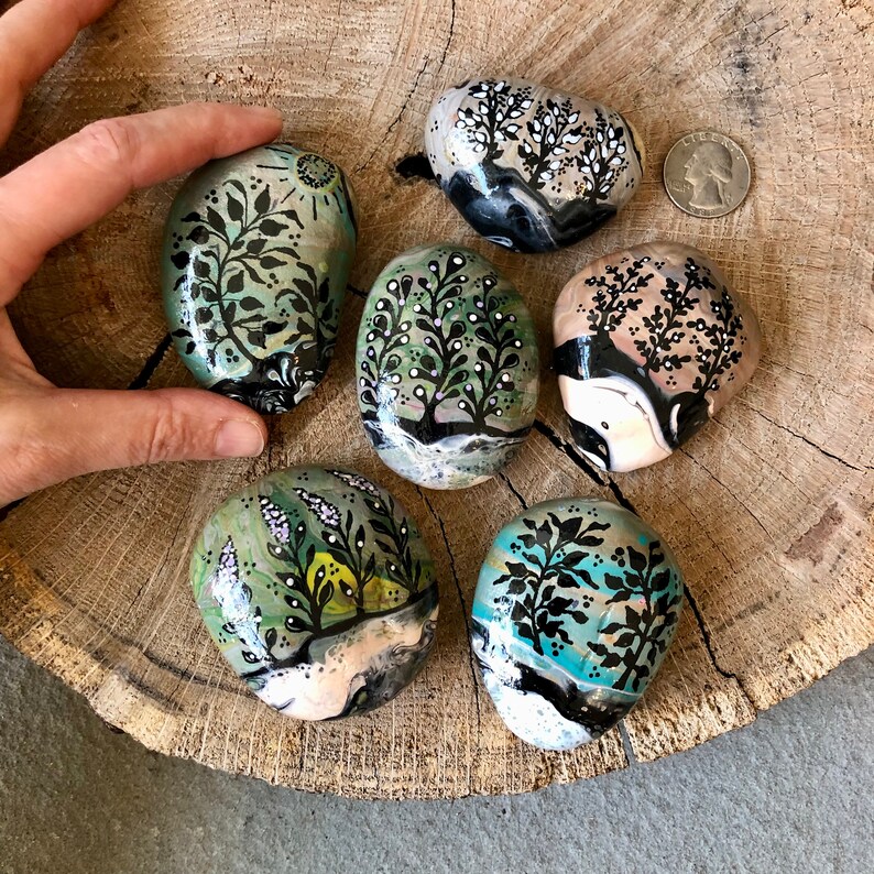 Hand Painted Rocks, Nature Inspired Paint Pour Rocks With Flowers ...