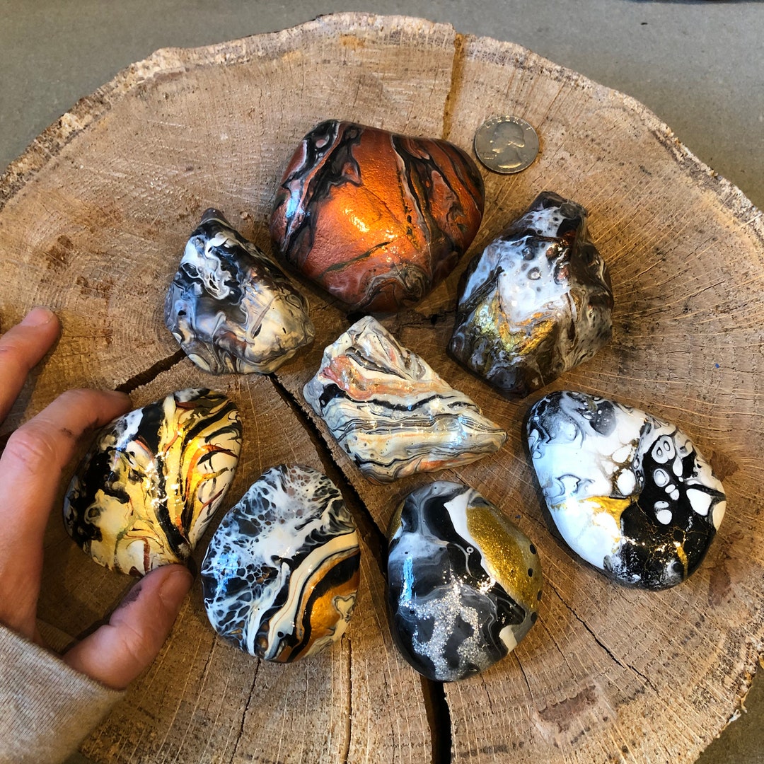 Metallic Painted Rocks, Paint Pour Rocks for Home Decor, Original ...