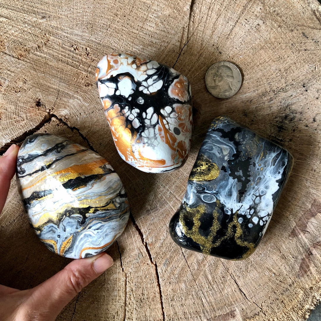 Painted Rocks, Abstract Metallic Painting, Paint Poured Rocks for Home ...