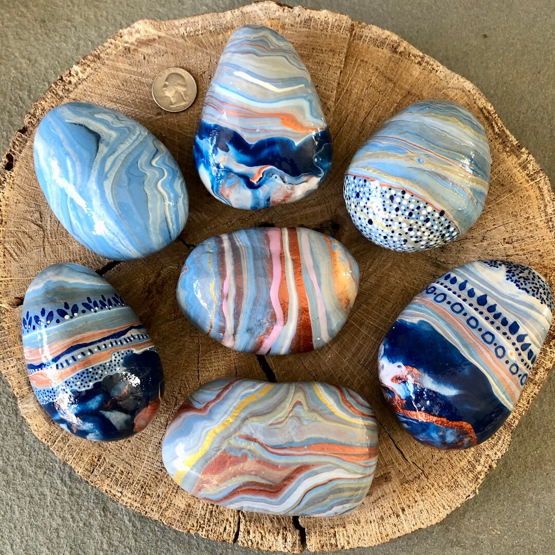 Painted Rocks Blue Paint Pour Art Rocks, Nature Inspired Art - Etsy