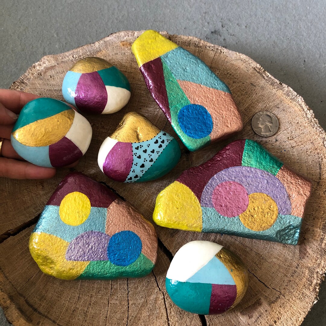 Hand Painted Rocks, Color Block Art With Colorful Metallics for Home ...
