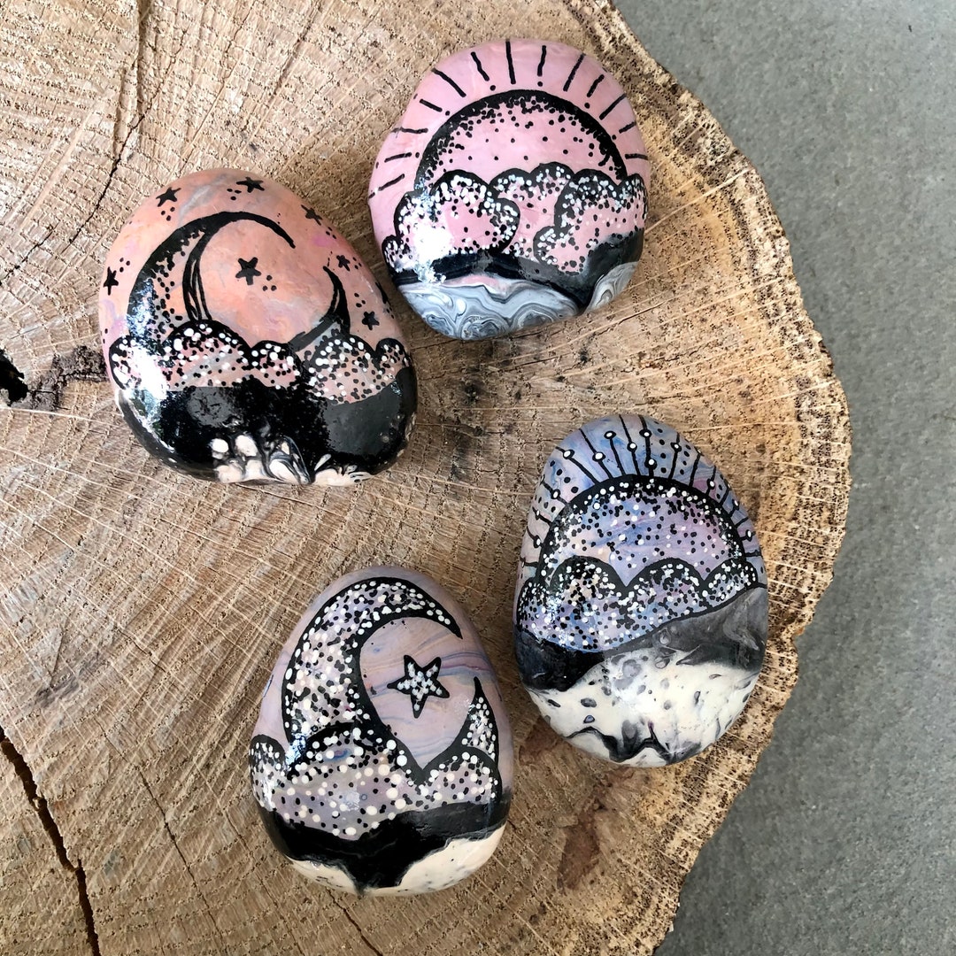 Hand Painted Rocks. Sun & Moon Original Rock Art. Display on Coffee ...