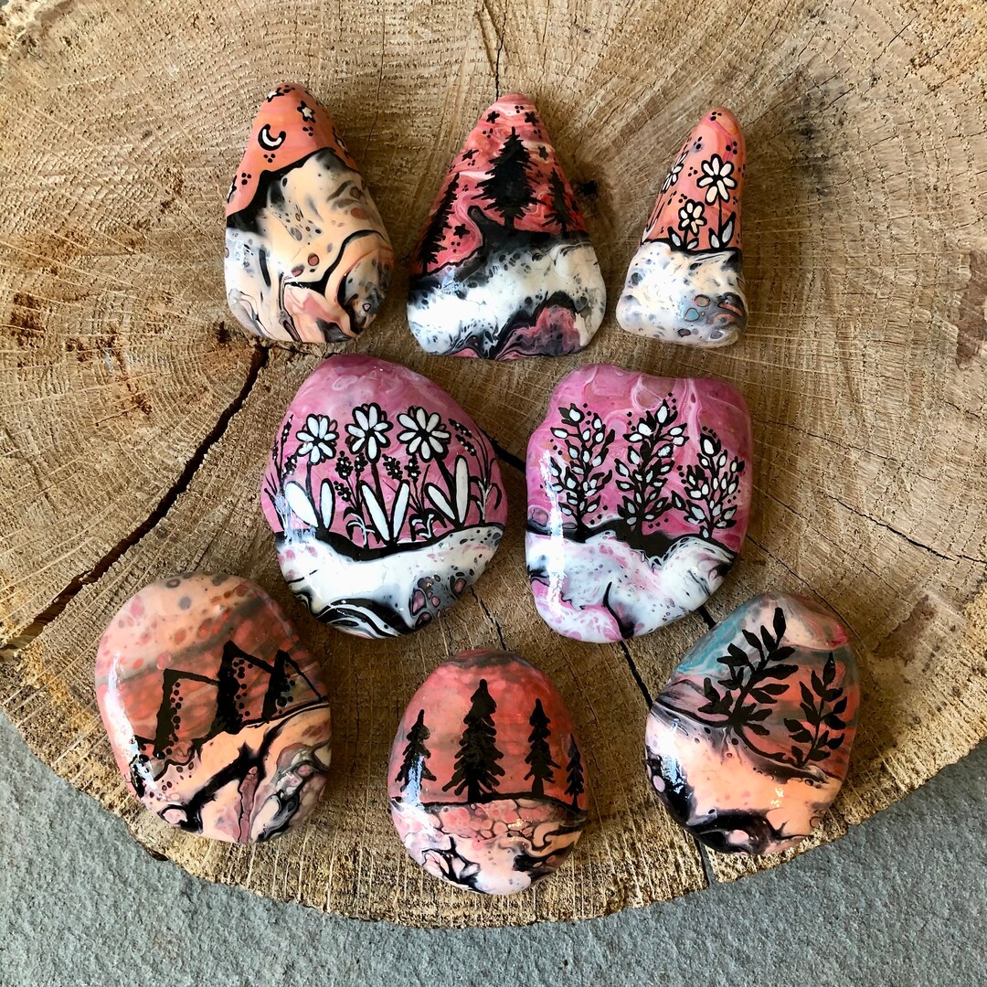 Hand Painted Rocks. Nature Inspired, Original Art. Decorative Pink ...