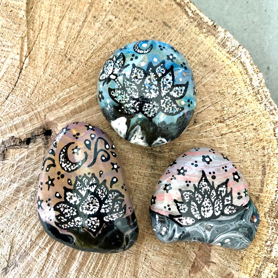 Hand Painted Rocks, Decorative Rock, Lotus Painting for Zen, Meditation ...