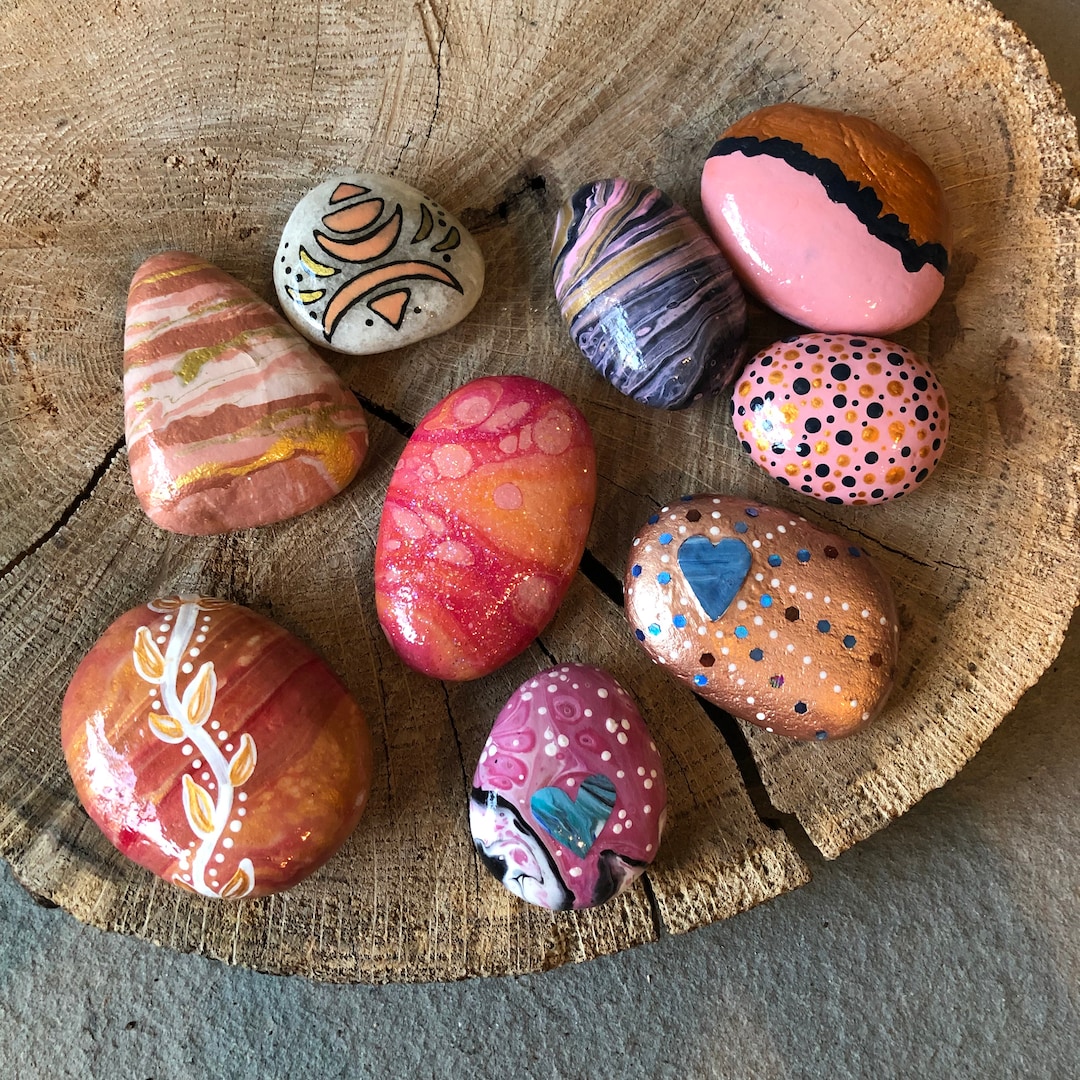 Hand Painted Rocks, Assorted Pinks Paint Pour Rocks, Nature Inspired ...