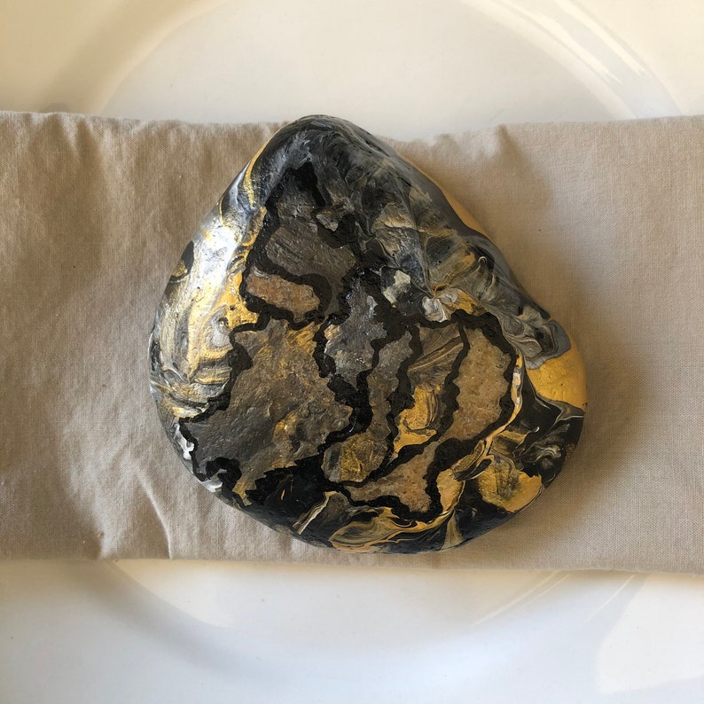 Large Painted Rock Bold Gold and Black Fluid | Etsy