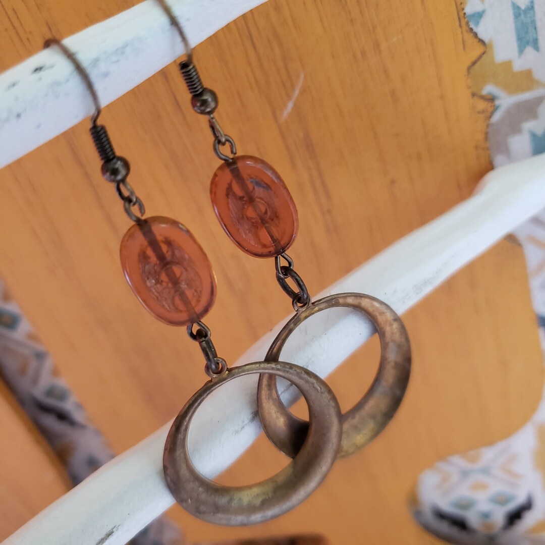 Handmade Brass Ellipsis Earrings: Salmon Czech Glass Bead Dangle - Etsy